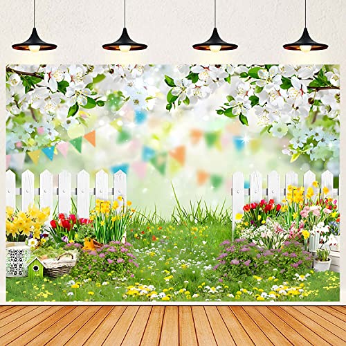 10x8ft Spring Forest Flower Backdrop, Garden Floral Tree Fence Grassland Photography Background Baby Shower Kids Birthday Party Decor Portrait Banner Photo Booth Studio Props