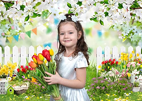 10x8ft Spring Forest Flower Backdrop, Garden Floral Tree Fence Grassland Photography Background Baby Shower Kids Birthday Party Decor Portrait Banner Photo Booth Studio Props