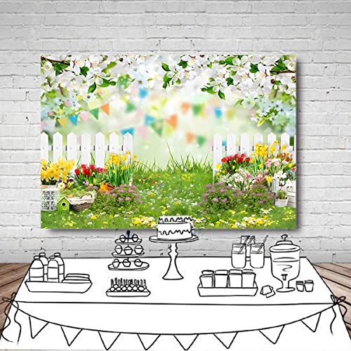 10x8ft Spring Forest Flower Backdrop, Garden Floral Tree Fence Grassland Photography Background Baby Shower Kids Birthday Party Decor Portrait Banner Photo Booth Studio Props