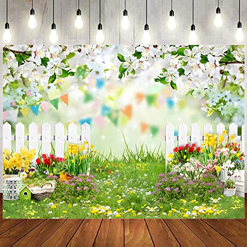 10x8ft Spring Forest Flower Backdrop, Garden Floral Tree Fence Grassland Photography Background Baby Shower Kids Birthday Party Decor Portrait Banner Photo Booth Studio Props