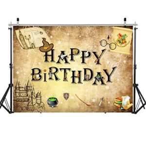 LYCGS 8X6ft Wizard Happy Birthday Backdrop Magic Castle School Backdrop Wizard Photography Background Boys Girls Kids Birthday Party Decor Banner X-110