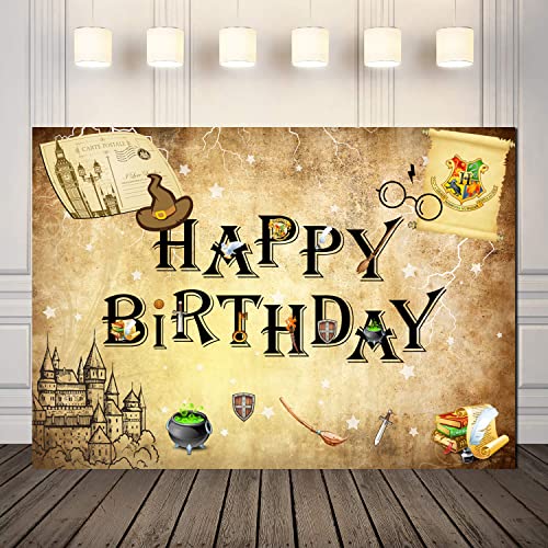 LYCGS 8X6ft Wizard Happy Birthday Backdrop Magic Castle School Backdrop Wizard Photography Background Boys Girls Kids Birthday Party Decor Banner X-110