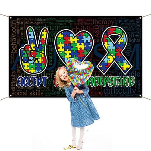 Vohado Autism Awareness Photo Booth Backdrop Accept Understand Love April Decor Puzzle Piece Photography Background Wall Decor-5.9×3.6ft