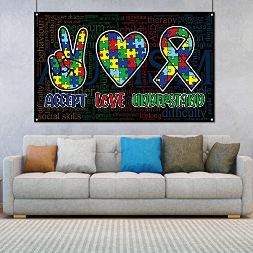 Vohado Autism Awareness Photo Booth Backdrop Accept Understand Love April Decor Puzzle Piece Photography Background Wall Decor-5.9×3.6ft