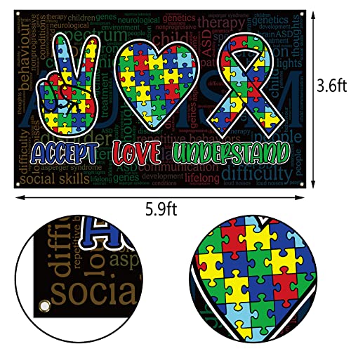 Vohado Autism Awareness Photo Booth Backdrop Accept Understand Love April Decor Puzzle Piece Photography Background Wall Decor-5.9×3.6ft