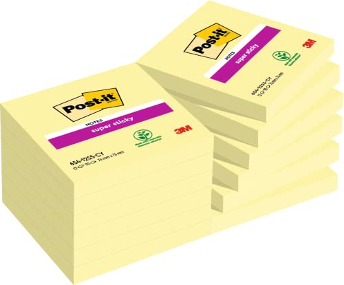 Post-it Notes Super Sticky Note Pads, 3"x3", 90 Sheet, Pack of 12, Canary Yellow (65412SSCY)