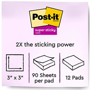 Post-it Notes Super Sticky Note Pads, 3"x3", 90 Sheet, Pack of 12, Canary Yellow (65412SSCY)