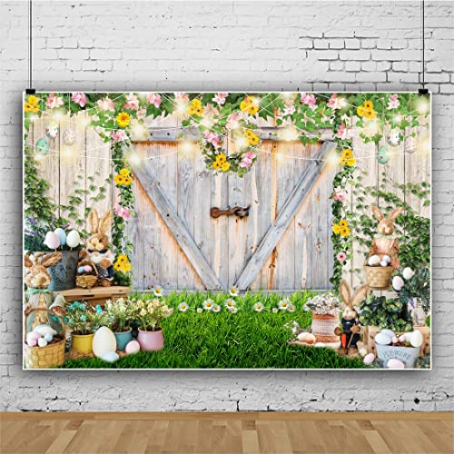 8x6ft Easter Spring Backdrop, Rustic Wooden Door Wall Bunny Rabbit Eggs Flower Greenery Photography Background Baby Shower Kids Birthday Party Decor Portrait Banner Photo Booth Studio Props