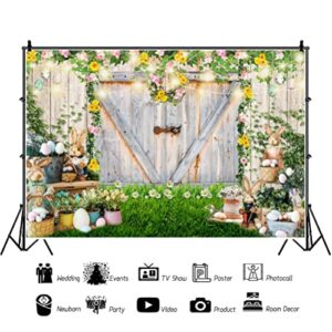 8x6ft Easter Spring Backdrop, Rustic Wooden Door Wall Bunny Rabbit Eggs Flower Greenery Photography Background Baby Shower Kids Birthday Party Decor Portrait Banner Photo Booth Studio Props