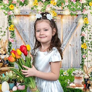 8x6ft Easter Spring Backdrop, Rustic Wooden Door Wall Bunny Rabbit Eggs Flower Greenery Photography Background Baby Shower Kids Birthday Party Decor Portrait Banner Photo Booth Studio Props