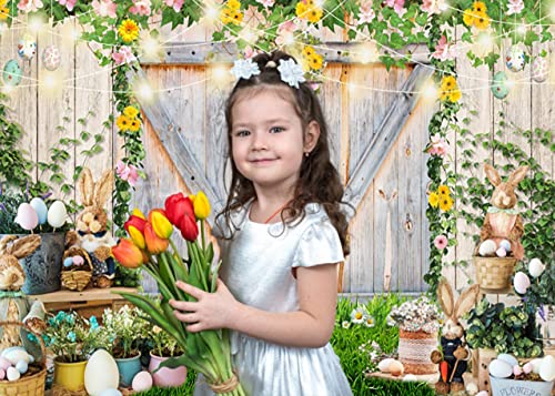 8x6ft Easter Spring Backdrop, Rustic Wooden Door Wall Bunny Rabbit Eggs Flower Greenery Photography Background Baby Shower Kids Birthday Party Decor Portrait Banner Photo Booth Studio Props