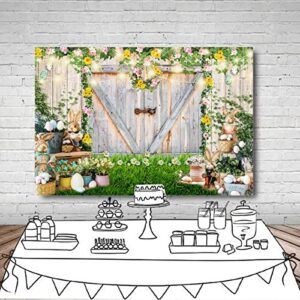 8x6ft Easter Spring Backdrop, Rustic Wooden Door Wall Bunny Rabbit Eggs Flower Greenery Photography Background Baby Shower Kids Birthday Party Decor Portrait Banner Photo Booth Studio Props