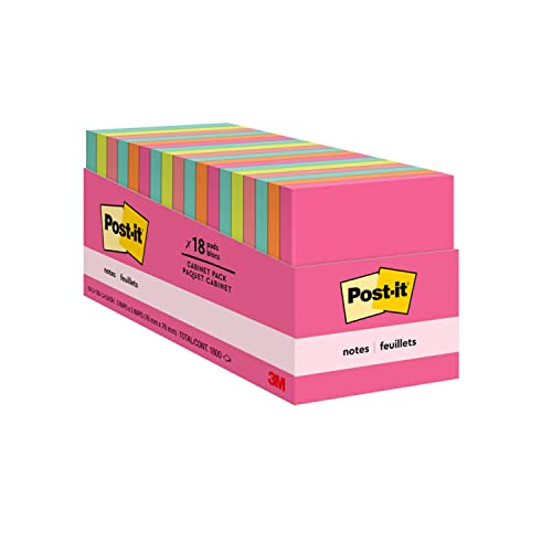 Post-it Notes, 3x3 in, 18 Pads, America's #1 Favorite Sticky Notes, Poptimistic Collection, Bright Colors (Magenta, Pink, Blue, Green), Clean Removal, Recyclable (654-18CTCP)