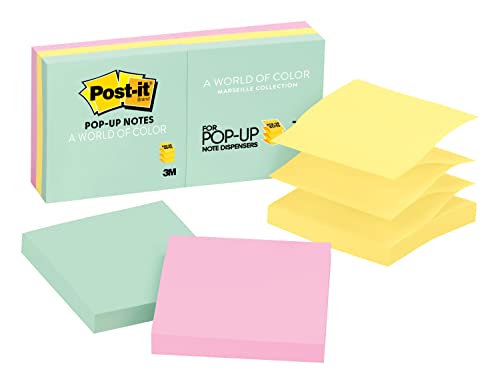 Post-it Pop-up Notes, 3x3 in, 6 Pads, America's #1 Favorite Sticky Notes, Beachside Café Collection, Pastel Colors, Recyclable (R330-AP)