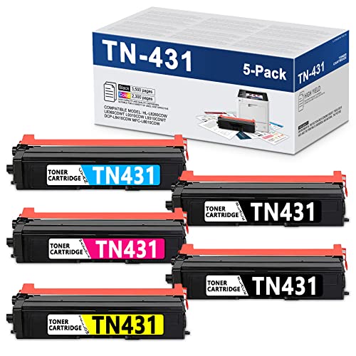 LOMENTICS TN431BK TN431C TN431M TN431Y Toner Cartridge Compatible Standard Yield Toner Replacement for Brother TN431 HL-L8260CDW L8360CDW DCP-L8410CDW MFC-L8610CDW Printer (5-Pack, 2BK+1C+1M+1Y)