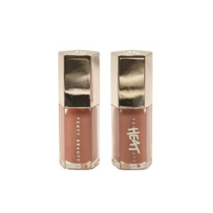 fenty beauty mini o.g. heat mini gloss bomb + gloss bomb heat duo gift set:: gloss bomb in fenty glow (shimmering rose nude) and gloss bomb heat in fenty glow (sheer rose nude)