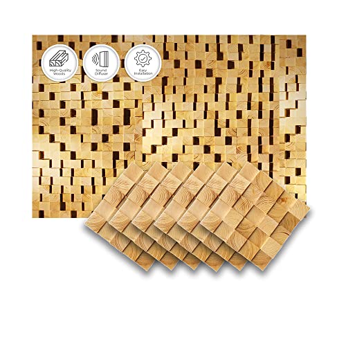 Acepunch 6 Artistic 3D Mosaic Premium High-Grade Finland Wooden Wall Art Panel Room DIY Acoustic Sound Diffuser STC 27 Home Studio Wood Soundproofing Noise Reduction Wood Decor 12x12in AP1254