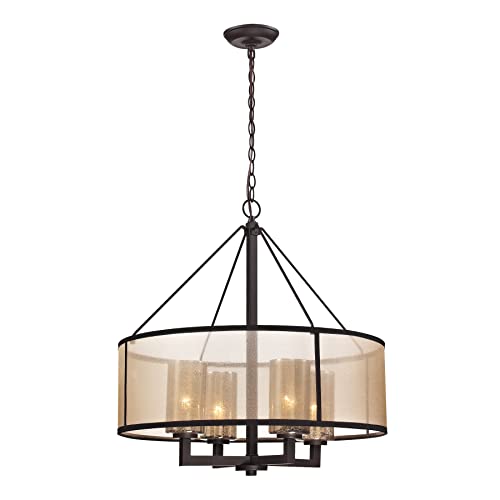 Elk Home Diffusion Modern 4-Light Chandelier-Oiled Bronze Metal, Beige Organza Fabric and Mercury Glass Shade, W24 X D24 X H25 Inch, Mid-Century Modern, Luxe Glam, LED and Dimmer Compatible