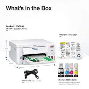 Epson EcoTank ET-3830 Wireless Color All-in-One Cartridge-Free Supertank Printer with Scan, Copy, Auto 2-Sided Printing and Ethernet – The Perfect Printer Productive Families