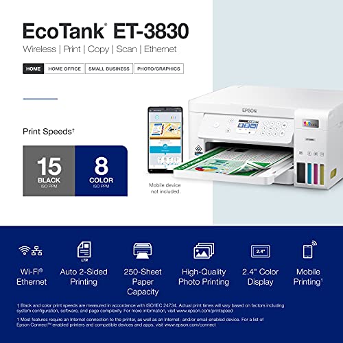 Epson EcoTank ET-3830 Wireless Color All-in-One Cartridge-Free Supertank Printer with Scan, Copy, Auto 2-Sided Printing and Ethernet – The Perfect Printer Productive Families