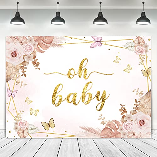 Ufeela Oh Baby Pink Floral Backdrop 7Wx5H Feet Fabric Polyester Baby Shower for Girl Plant Pampas Grass with Gold Purple Butterfly Newborn Photography Background Banner Photo Shoot Decor Props