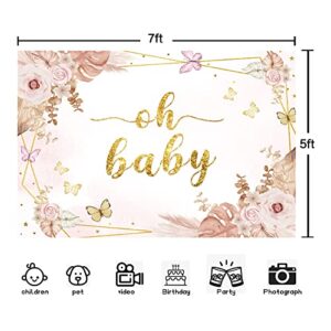 Ufeela Oh Baby Pink Floral Backdrop 7Wx5H Feet Fabric Polyester Baby Shower for Girl Plant Pampas Grass with Gold Purple Butterfly Newborn Photography Background Banner Photo Shoot Decor Props