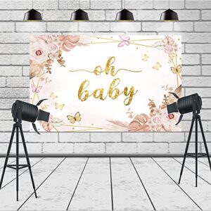 Ufeela Oh Baby Pink Floral Backdrop 7Wx5H Feet Fabric Polyester Baby Shower for Girl Plant Pampas Grass with Gold Purple Butterfly Newborn Photography Background Banner Photo Shoot Decor Props