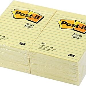 3M 660Yw Post-It Lined Notes, 4 X 6, 100 Sheets/Pad, Canary Yellow, 12/Pack