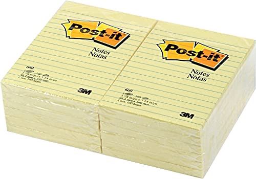 3M 660Yw Post-It Lined Notes, 4 X 6, 100 Sheets/Pad, Canary Yellow, 12/Pack