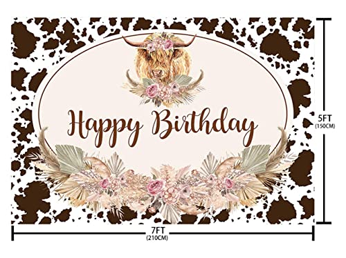 AIBIIN 7x5ft Highland Cows Birthday Backdrop for Boys Girls Cattle Birthday Photography Background Boho Floral Highland Farm Cow Party Decorations Banner Photo Studio Props