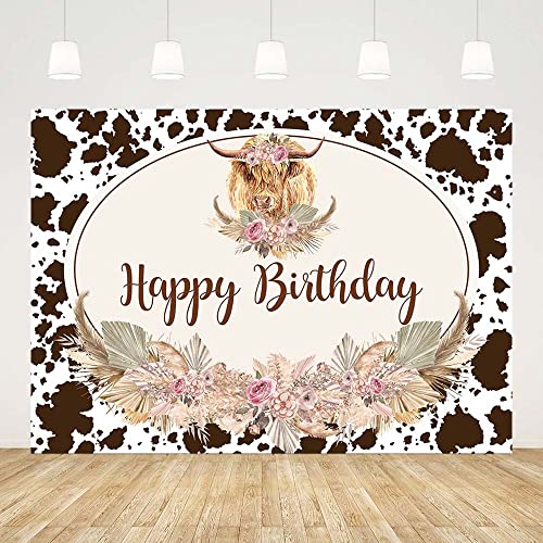 AIBIIN 7x5ft Highland Cows Birthday Backdrop for Boys Girls Cattle Birthday Photography Background Boho Floral Highland Farm Cow Party Decorations Banner Photo Studio Props