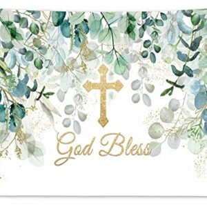 Funnytree 118" x 95" God Bless Backdrop Baptism Party First Holy Communion Christening Banner Decor Forest Leaves Baby Shower Photography Background Favors Gifts Supplies Photo Booth Props