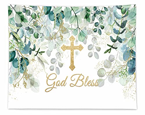 Funnytree 118" x 95" God Bless Backdrop Baptism Party First Holy Communion Christening Banner Decor Forest Leaves Baby Shower Photography Background Favors Gifts Supplies Photo Booth Props