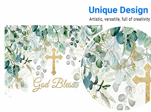 Funnytree 118" x 95" God Bless Backdrop Baptism Party First Holy Communion Christening Banner Decor Forest Leaves Baby Shower Photography Background Favors Gifts Supplies Photo Booth Props