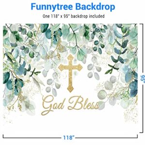 Funnytree 118" x 95" God Bless Backdrop Baptism Party First Holy Communion Christening Banner Decor Forest Leaves Baby Shower Photography Background Favors Gifts Supplies Photo Booth Props