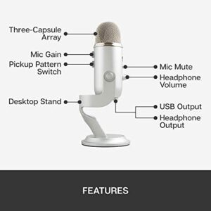 Blue Yeti USB Microphone for PC, Mac, Gaming, Recording, Streaming, Podcasting, Studio and Computer Condenser Mic with Blue VO!CE effects, 4 Pickup Patterns, Plug and Play – Silver