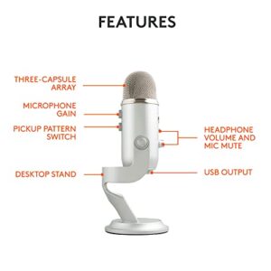 Blue Yeti USB Microphone for PC, Mac, Gaming, Recording, Streaming, Podcasting, Studio and Computer Condenser Mic with Blue VO!CE effects, 4 Pickup Patterns, Plug and Play – Silver