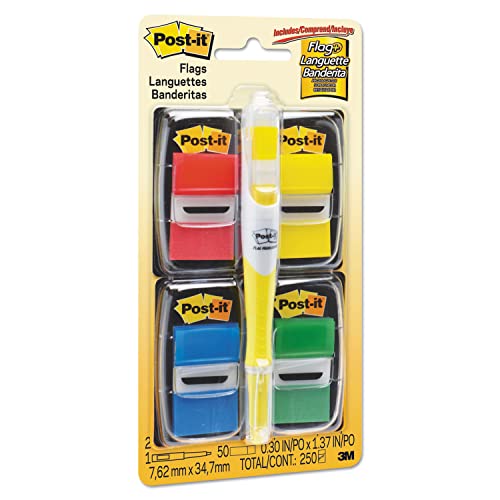 Post-it 680RYBGVA Flags, 1-Inch, Bonus Pack Pen, Highlighter, 250/PK, Assorted