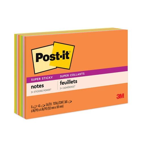 Post-it Notes Super Sticky Super Sticky Large Format Notes, 6 x 4, Electric Glow, 8 45-Sheet pads/Pack