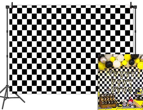 8x6FT Cosplay Party Banner Checkered Flag Photography Backdrop White and Black Racing Checker Texture Grid Birthday Chess Board Photo Background Decor Photo Booth Studio Props