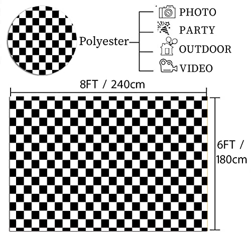 8x6FT Cosplay Party Banner Checkered Flag Photography Backdrop White and Black Racing Checker Texture Grid Birthday Chess Board Photo Background Decor Photo Booth Studio Props