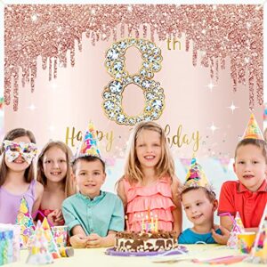 Happy 8th Birthday Banner Backdrop Decorations for Girls, Rose Gold 8 Birthday Party Sign Supplies, Pink Eight Year Old Birthday Poster Background Photo Booth Props Decor