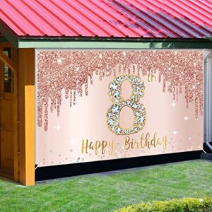 Happy 8th Birthday Banner Backdrop Decorations for Girls, Rose Gold 8 Birthday Party Sign Supplies, Pink Eight Year Old Birthday Poster Background Photo Booth Props Decor