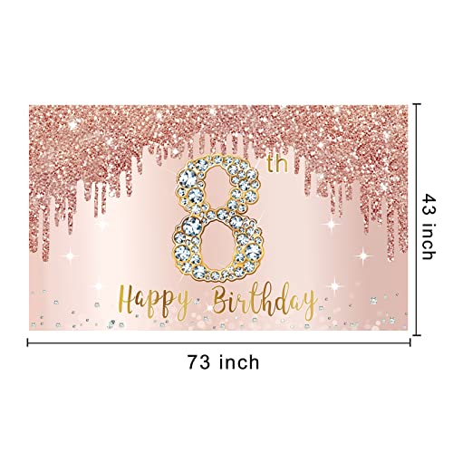 Happy 8th Birthday Banner Backdrop Decorations for Girls, Rose Gold 8 Birthday Party Sign Supplies, Pink Eight Year Old Birthday Poster Background Photo Booth Props Decor