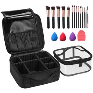 makeup travel case, makeup case with diy adjustable divider cosmetic train bag 10.3″ organizer contain 14pcs premium makeup brushes 3 pcs makeup sponge clear makeup bag women gift set