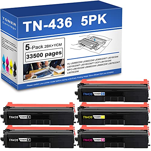 LKKJ 5 Pack(2BK+1Y+1C+1M) TN-436BK TN-436Y TN-436C TN-436M Super High Yield Toner Cartridge Replacement for Brother TN436 HL-L8260CDW L8360CDW L8360CDWT MFC-L8900CDW Printer Toner.