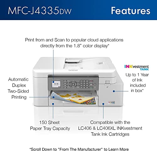 Brother MFC-J4335DW INKvestment Tank All-in-One Color Inkjet Printer, Print Scan Copy Fax, Auto Duplex Printing, Wireless Printing, 4800 x 1200 dpi, White, Bundle with Cefesfy Printer Cable