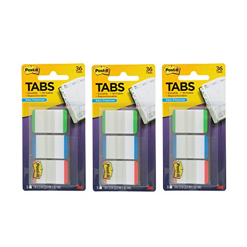 Post-it Tabs with On-The-Go Dispenser, 1-Inch Lined, Green, Blue, and Red, 12-Tabs/Color, 108 tabs/Dispenser