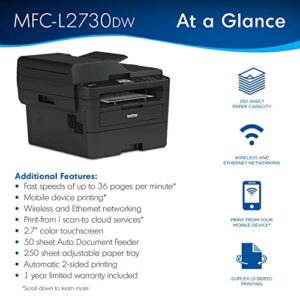 Brother MFC-L27 30DW All-in-One Wireless Monochrome Laser Printer, 36ppm, 2.7” Color Touch, Automatic duplex (2-sided), Durlyfish USB Printer Cable