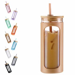 kodrine 20oz glass water tumble with straw and lid,bamboo lids water bottle, iced coffee cup reusable, wide mouth smoothie cups, straw silicone protective sleeve bpa free-amber